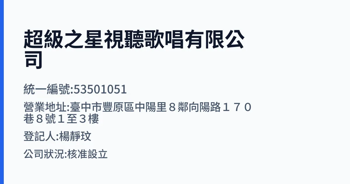 超級之星視聽歌唱有限公司 - 統編 53501051(臺中市) 公司登記資料與營業項目詳細圖表