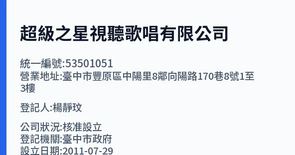 超級之星視聽歌唱有限公司的照片-統編 53501051(臺中市) 公司登記資料與營業項目詳細圖表