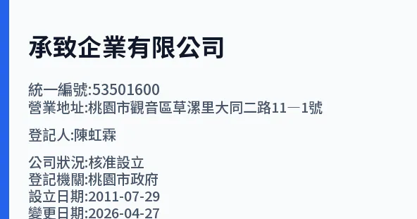 承致企業有限公司的照片-統編 53501600(桃園市) 公司登記資料與營業項目詳細圖表
