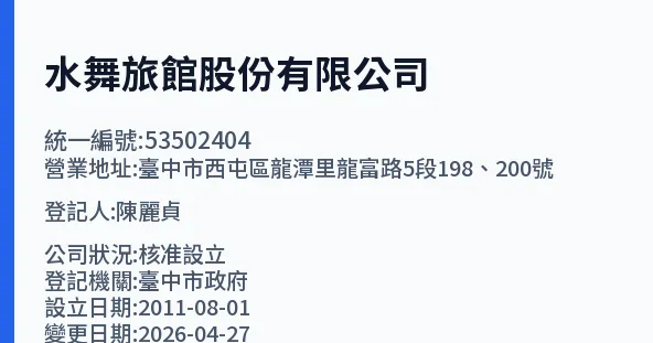 水舞旅館股份有限公司的照片-統編 53502404(臺中市) 公司登記資料與營業項目詳細圖表