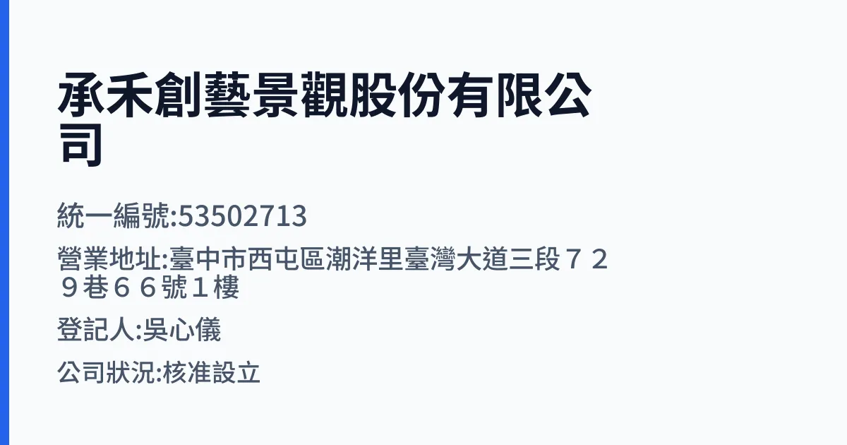 承禾創藝景觀股份有限公司 - 統編 53502713(臺中市) 公司登記資料與營業項目詳細圖表