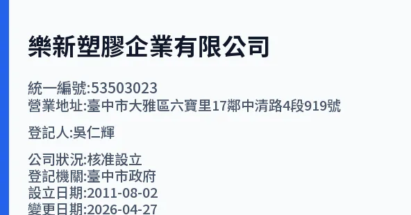 樂新塑膠企業有限公司的照片-統編 53503023(臺中市) 公司登記資料與營業項目詳細圖表