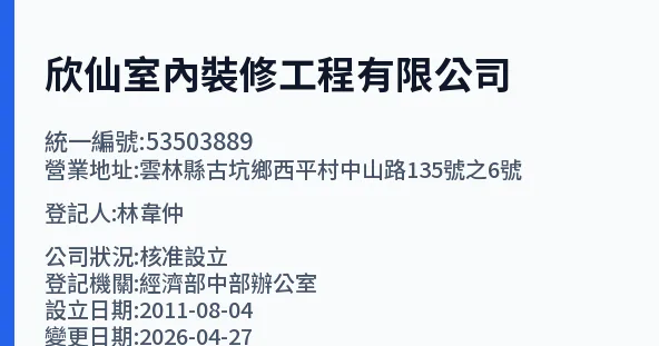 欣仙室內裝修工程有限公司的照片-統編 53503889(雲林縣) 公司登記資料與營業項目詳細圖表
