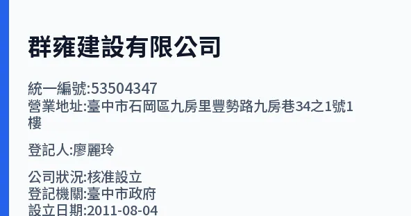 群雍建設有限公司的照片-統編 53504347(臺中市) 公司登記資料與營業項目詳細圖表