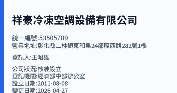 祥豪冷凍空調設備有限公司的照片-統編 53505789(彰化縣) 公司登記資料與營業項目詳細圖表