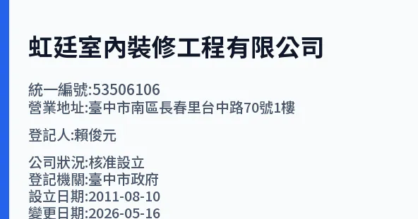 虹廷室內裝修工程有限公司的照片-統編 53506106(臺中市) 公司登記資料與營業項目詳細圖表