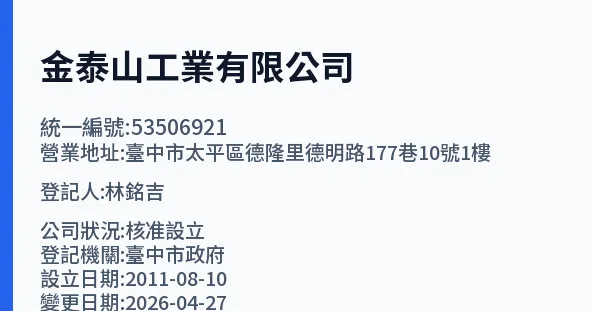 金泰山工業有限公司的照片-統編 53506921(臺中市) 公司登記資料與營業項目詳細圖表