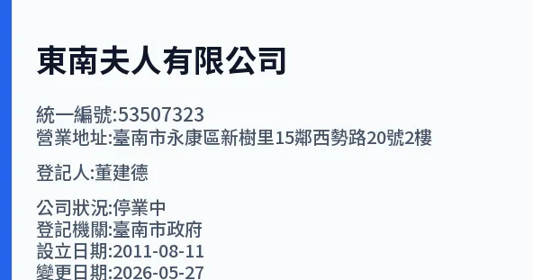 東南夫人有限公司的照片-統編 53507323(臺南市) 公司登記資料與營業項目詳細圖表