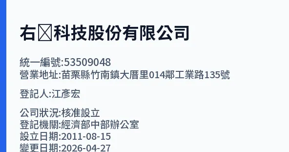 右爲科技股份有限公司的照片-統編 53509048(苗栗縣) 公司登記資料與營業項目詳細圖表