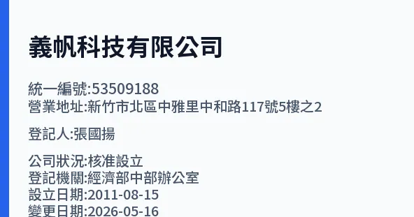 義帆科技有限公司的照片-統編 53509188(新竹市) 公司登記資料與營業項目詳細圖表