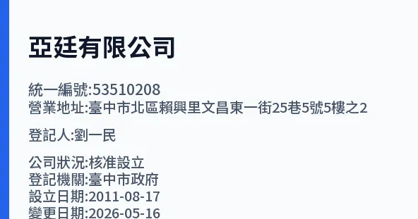 亞廷有限公司的照片-統編 53510208(臺中市) 公司登記資料與營業項目詳細圖表