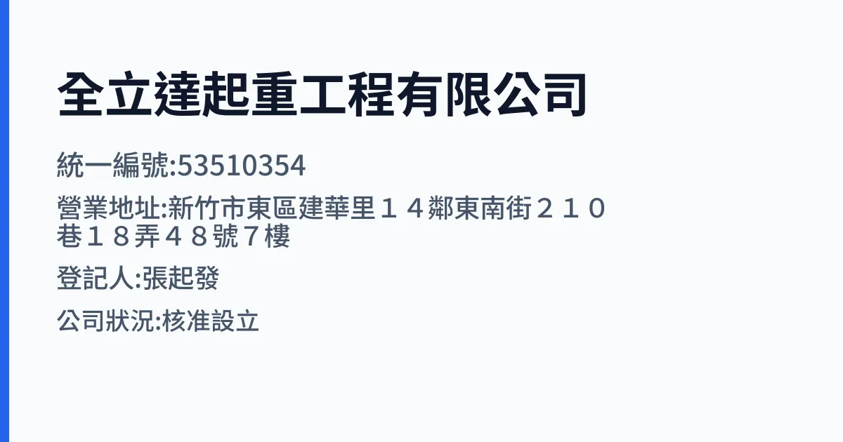 全立達起重工程有限公司 - 統編 53510354(新竹市) 公司登記資料與營業項目詳細圖表