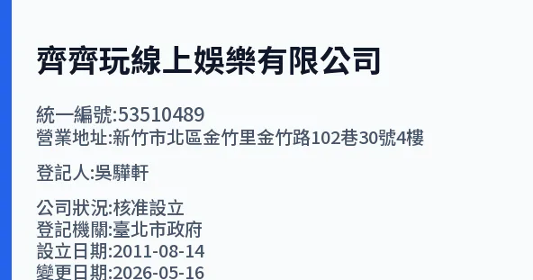 齊齊玩線上娛樂有限公司的照片-統編 53510489(新竹市) 公司登記資料與營業項目詳細圖表