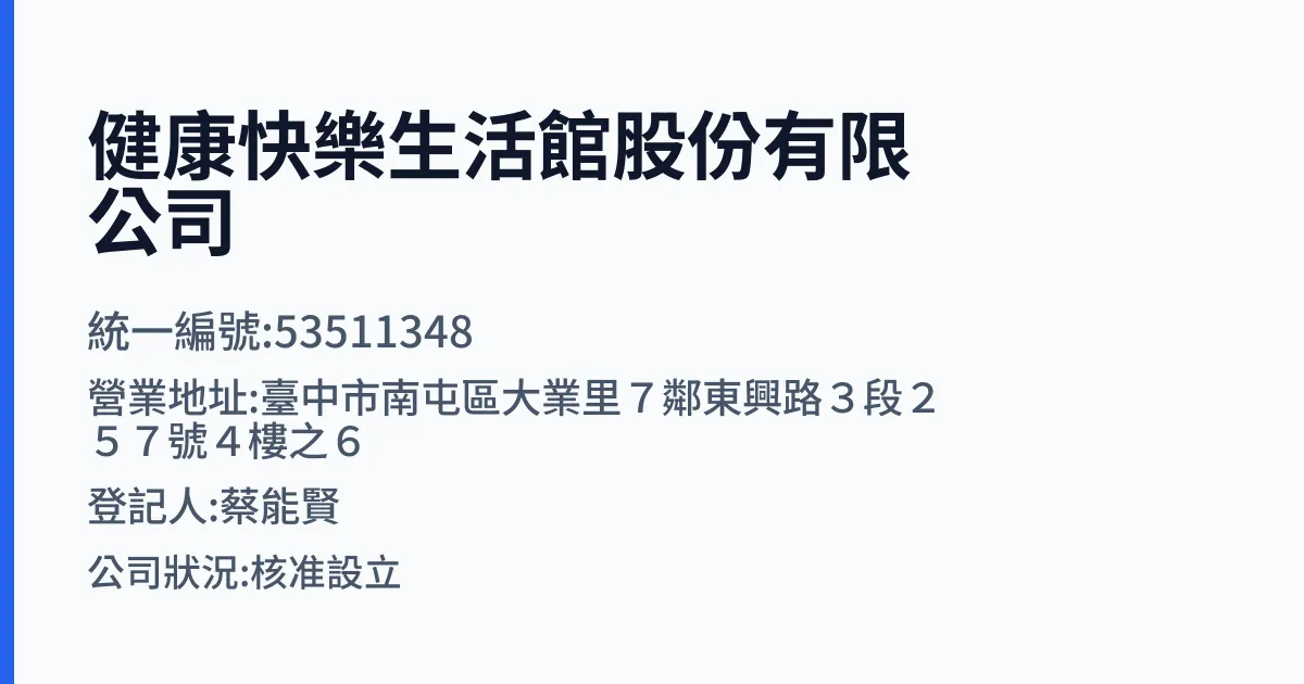 健康快樂生活館股份有限公司 - 統編 53511348(臺中市) 公司登記資料與營業項目詳細圖表