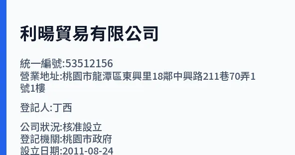 利暘貿易有限公司的照片-統編 53512156(桃園市) 公司登記資料與營業項目詳細圖表