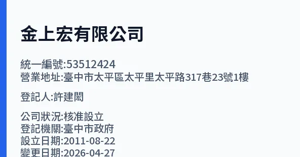 金上宏有限公司的照片-統編 53512424(臺中市) 公司登記資料與營業項目詳細圖表