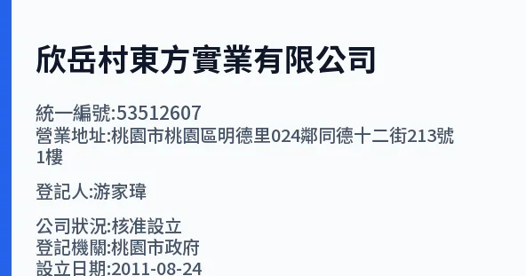 欣岳村東方實業有限公司的照片-統編 53512607(桃園市) 公司登記資料與營業項目詳細圖表