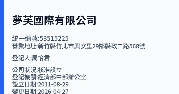 夢芙國際有限公司的照片-統編 53515225(新竹縣) 公司登記資料與營業項目詳細圖表