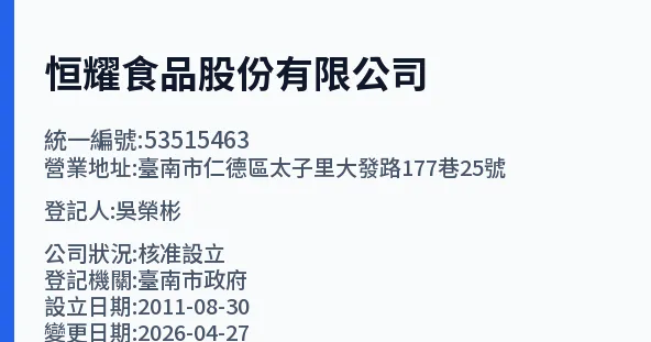 恒耀食品股份有限公司的照片-統編 53515463(臺南市) 公司登記資料與營業項目詳細圖表