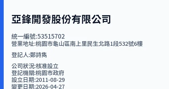亞鋒開發股份有限公司的照片-統編 53515702(桃園市) 公司登記資料與營業項目詳細圖表