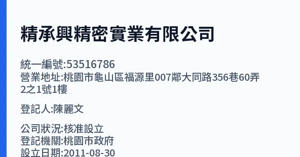 精承興精密實業有限公司的照片-統編 53516786(桃園市) 公司登記資料與營業項目詳細圖表