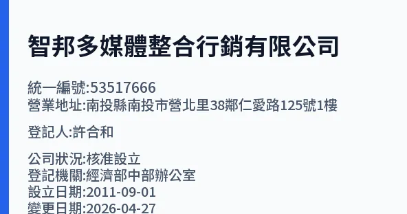 智邦多媒體整合行銷有限公司的照片-統編 53517666(南投縣) 公司登記資料與營業項目詳細圖表