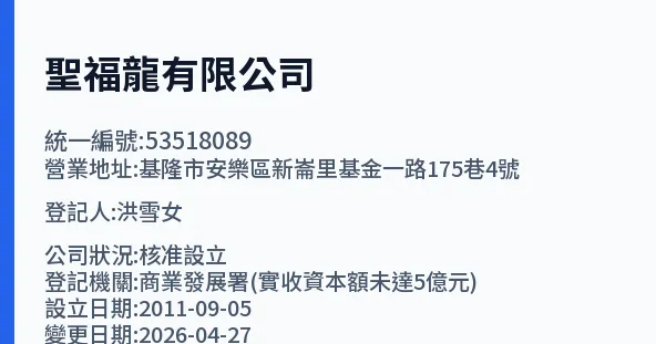 聖福龍有限公司的照片-統編 53518089(基隆市) 公司登記資料與營業項目詳細圖表