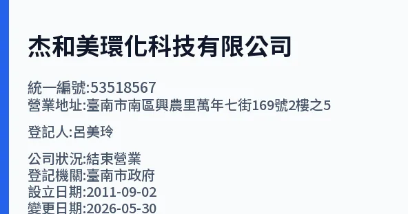 杰和美環化科技有限公司的照片-統編 53518567(臺南市) 公司登記資料與營業項目詳細圖表