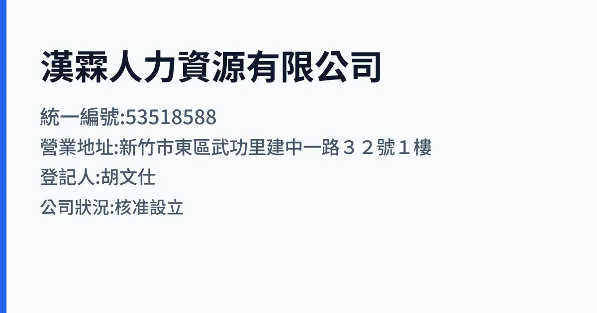 漢霖人力資源有限公司 - 統編 53518588(新竹市) 公司登記資料與營業項目詳細圖表