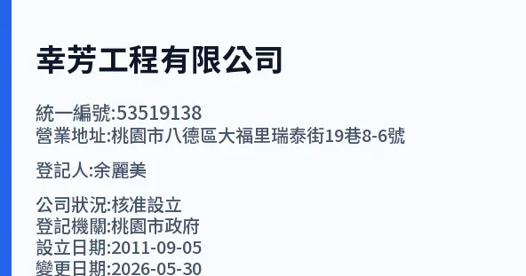 幸芳工程有限公司的照片-統編 53519138(桃園市) 公司登記資料與營業項目詳細圖表