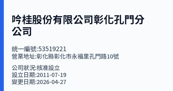 吟桂股份有限公司彰化孔門分公司的照片-統編 53519221(彰化縣) 公司登記資料與營業項目詳細圖表