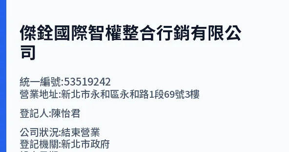 傑銓國際智權整合行銷有限公司的照片-統編 53519242(新北市) 公司登記資料與營業項目詳細圖表