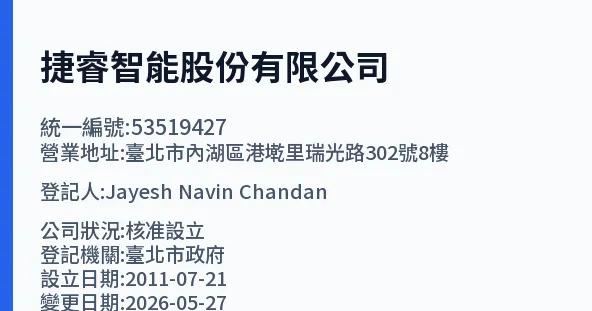 捷睿智能股份有限公司的照片-統編 53519427(臺北市) 公司登記資料與營業項目詳細圖表