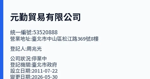元勤貿易有限公司的照片-統編 53520888(臺北市) 公司登記資料與營業項目詳細圖表