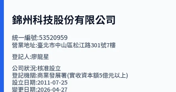 錦州科技股份有限公司的照片-統編 53520959(臺北市) 公司登記資料與營業項目詳細圖表