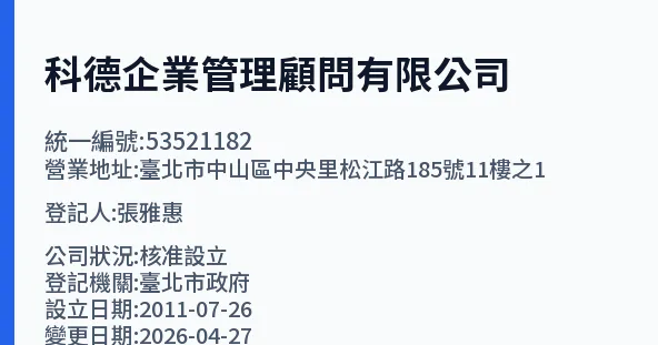 科德企業管理顧問有限公司的照片-統編 53521182(臺北市) 公司登記資料與營業項目詳細圖表
