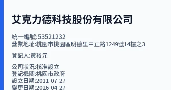艾克力德科技股份有限公司的照片-統編 53521232(桃園市) 公司登記資料與營業項目詳細圖表