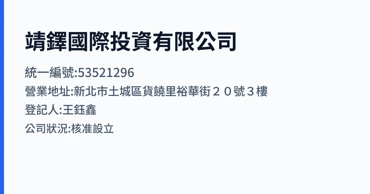 靖鐸國際投資有限公司 - 統編 53521296(新北市) 公司登記資料與營業項目詳細圖表