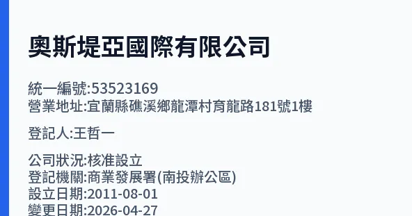 奧斯堤亞國際有限公司的照片-統編 53523169(宜蘭縣) 公司登記資料與營業項目詳細圖表