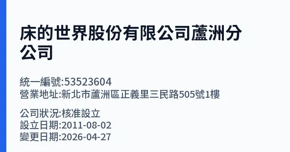 床的世界股份有限公司蘆洲分公司的照片-統編 53523604(新北市) 公司登記資料與營業項目詳細圖表