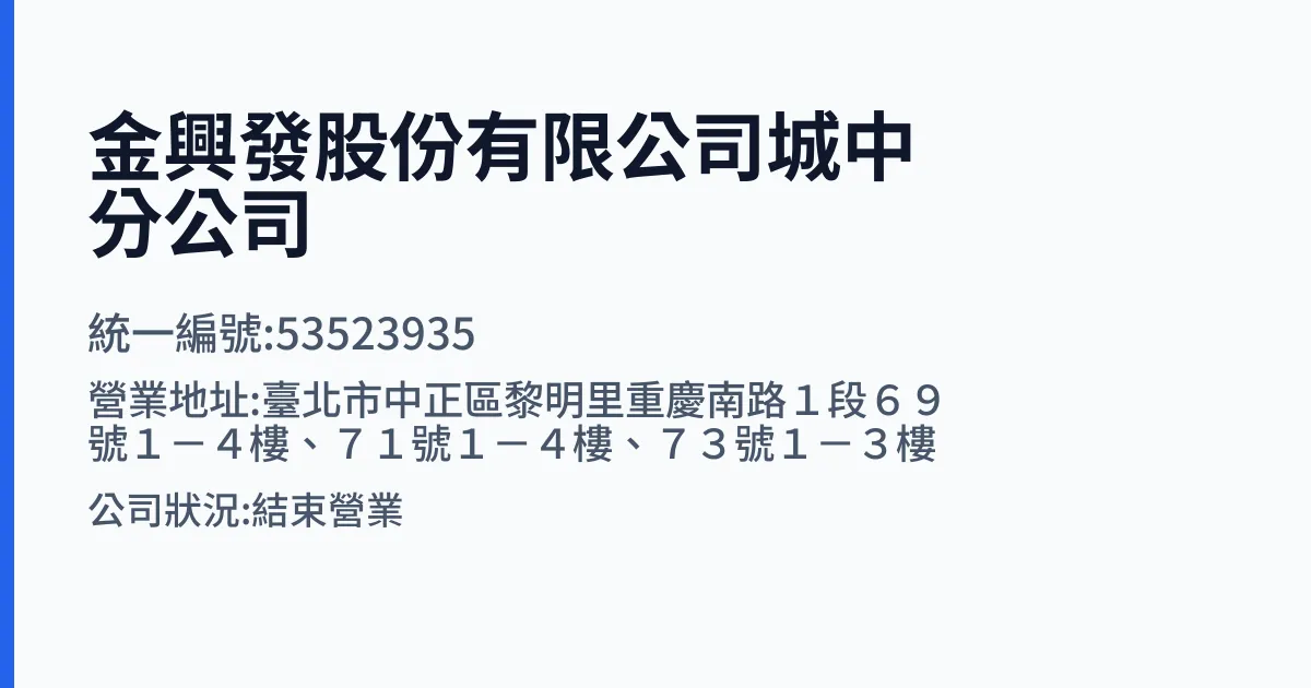 金興發股份有限公司城中分公司 - 統編 53523935(臺北市) 公司登記資料與營業項目詳細圖表