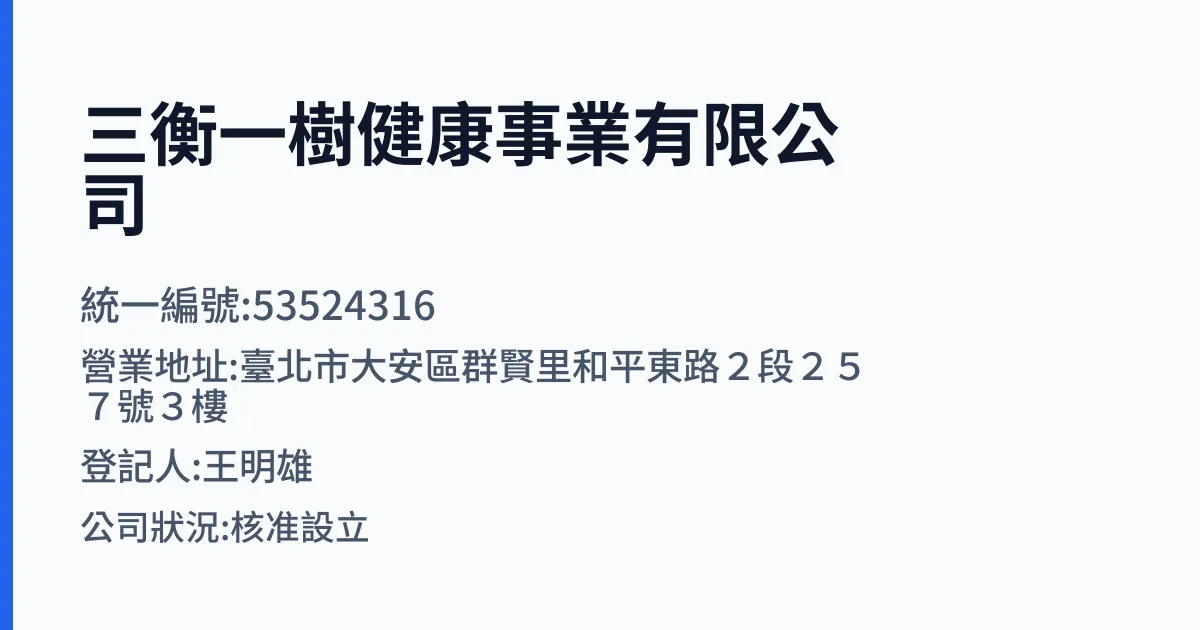 三衡一樹健康事業有限公司 - 統編 53524316(臺北市) 公司登記資料與營業項目詳細圖表