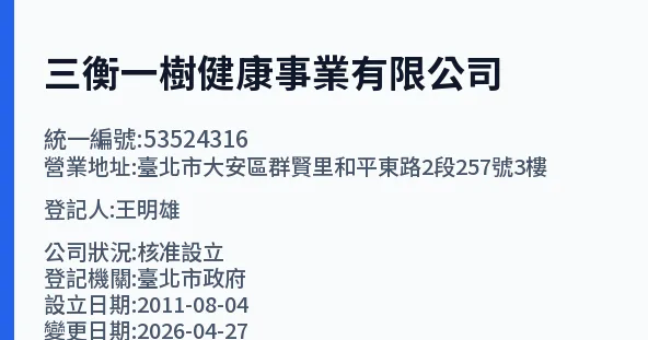 三衡一樹健康事業有限公司的照片-統編 53524316(臺北市) 公司登記資料與營業項目詳細圖表