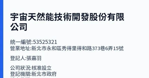 宇宙天然能技術開發股份有限公司的照片-統編 53525321(新北市) 公司登記資料與營業項目詳細圖表