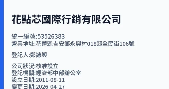 花點芯國際行銷有限公司的照片-統編 53526383(花蓮縣) 公司登記資料與營業項目詳細圖表