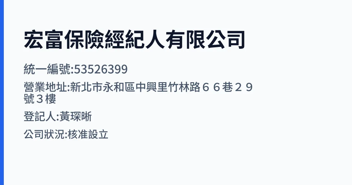 宏富保險經紀人有限公司 - 統編 53526399(新北市) 公司登記資料與營業項目詳細圖表