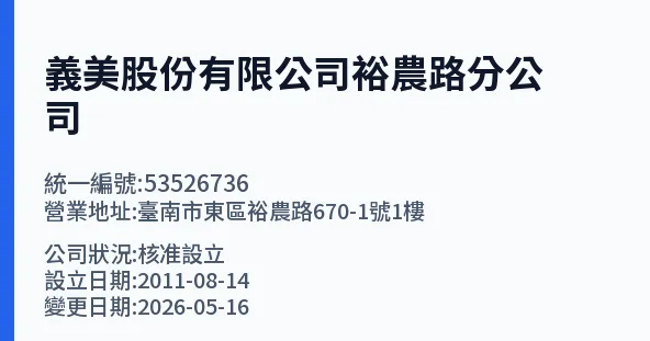 義美股份有限公司裕農路分公司的照片-統編 53526736(臺南市) 公司登記資料與營業項目詳細圖表