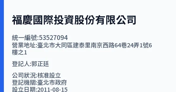 福慶國際投資股份有限公司的照片-統編 53527094(臺北市) 公司登記資料與營業項目詳細圖表