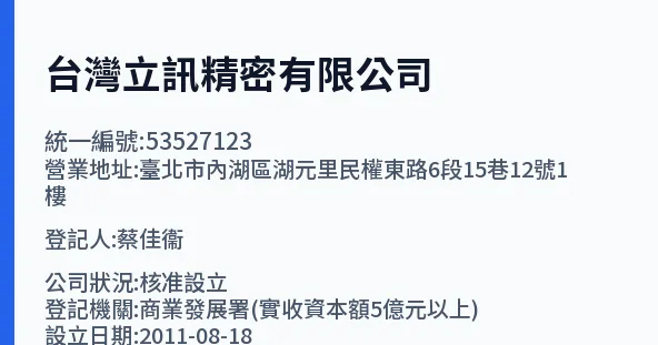 台灣立訊精密有限公司的照片-統編 53527123(臺北市) 公司登記資料與營業項目詳細圖表