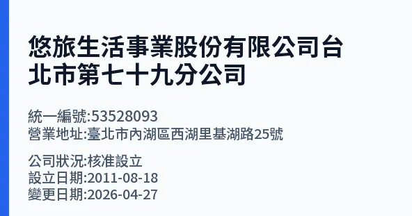 悠旅生活事業股份有限公司台北市第七十九分公司的照片-統編 53528093(臺北市) 公司登記資料與營業項目詳細圖表